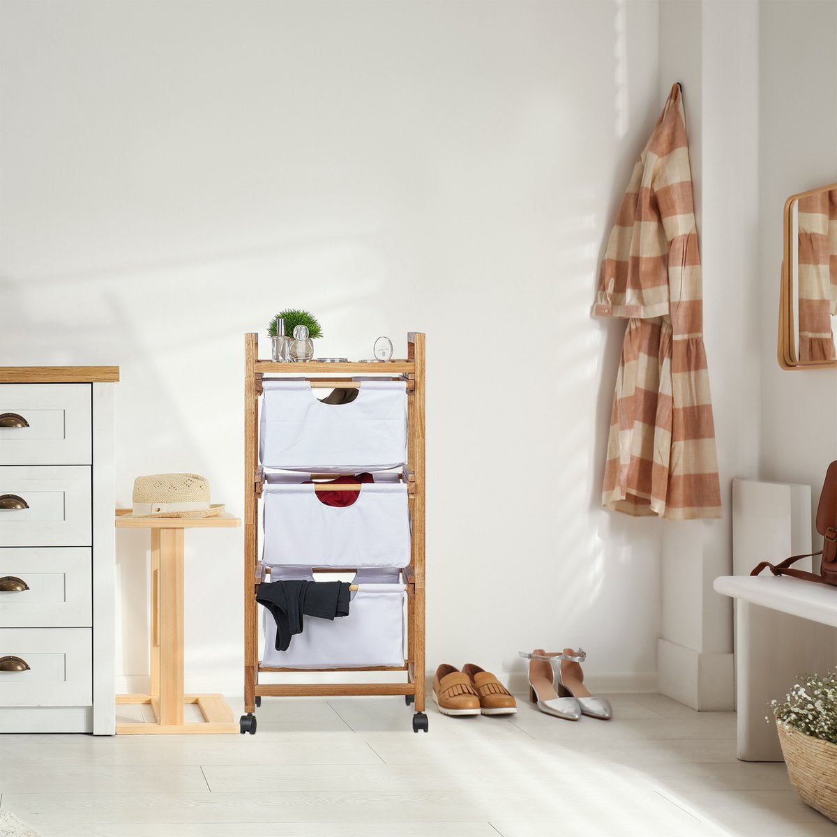 Relaxdays badkamerrek met wasmand - houten rekje met 3 manden - smal ...