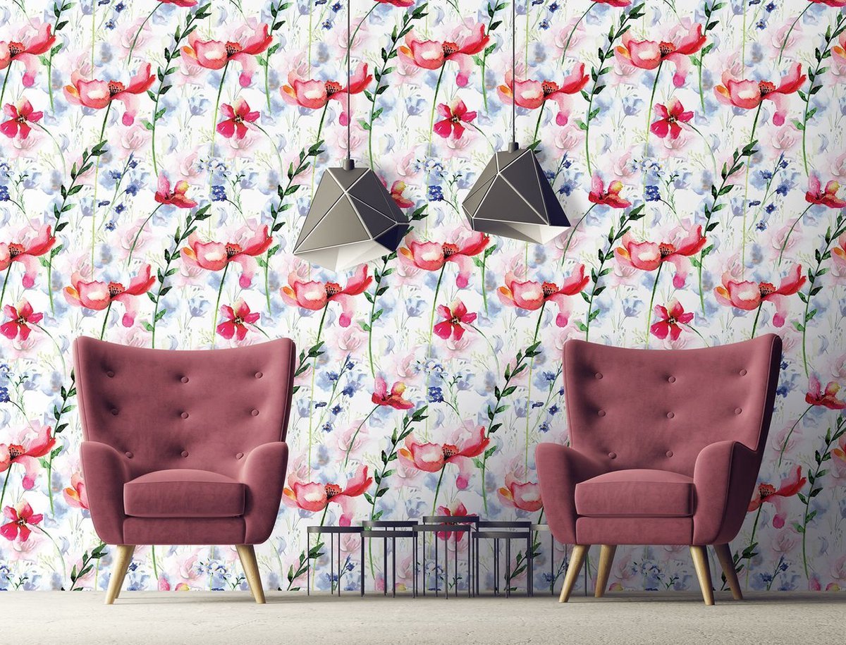 Fotobehang - Vlies Behang - Rood Bloemenpatroon - 312 x 219 cm | bol.com