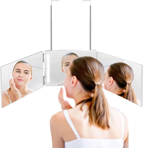 360° LED Lighted 3-Way Mirror with Adjustable Holders - Self-Cutting ...