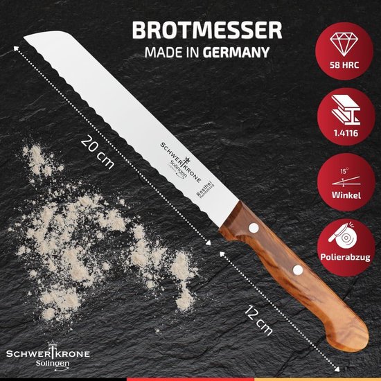 Broodmes met gekartelde rand olijfhouten handvat 20 cm roestvrij staal ...