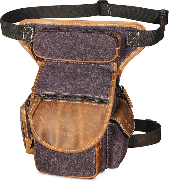 Waterbestendige canvas en lederen heuptas voor motorfietsreizen ...