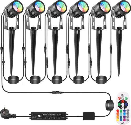 RGB tuinverlichting set van 6 LED spots - Waterdichte buitenlamp met ...