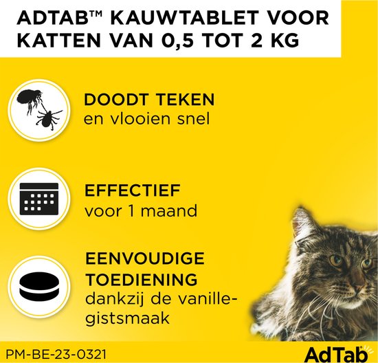 Adtab Kauwtabletten - Tegen vlooien en teken voor kat - 0,5-2,0 kg - 3 ...