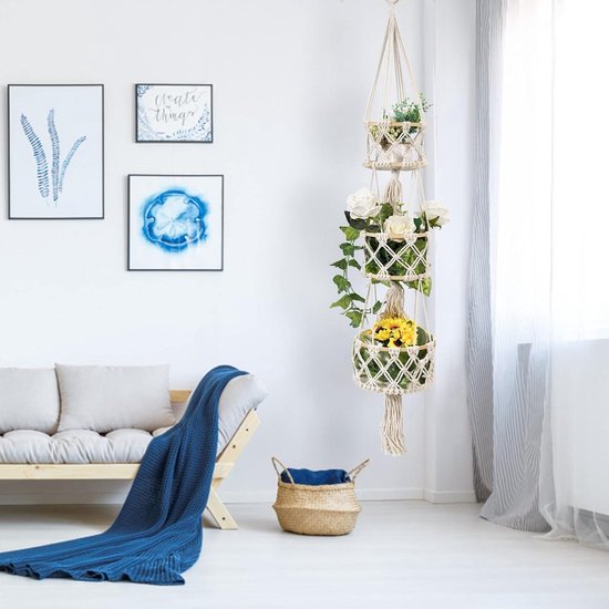 Hangende Boho Fruitmand met 3 Etages en S-haken - Wit - 120 cm - Handgeweven Macramé... | bol
