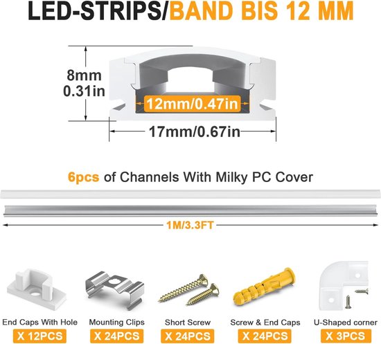 Aluminium Led-profiel 6 x 1 m met Melkwitte Ledstrip en ...