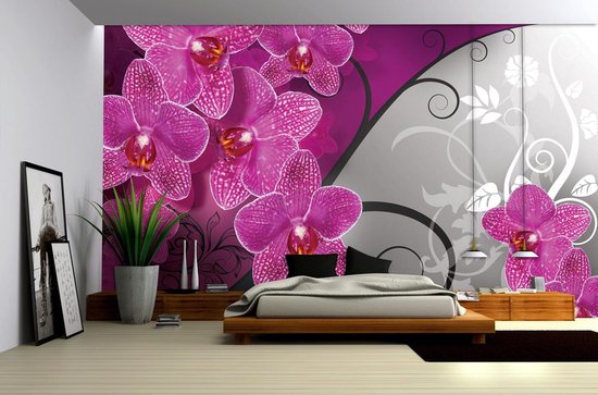 Fotobehang Vlies | Bloemen, Orchidee | Roze, Grijs | 368x254cm (bxh) | bol