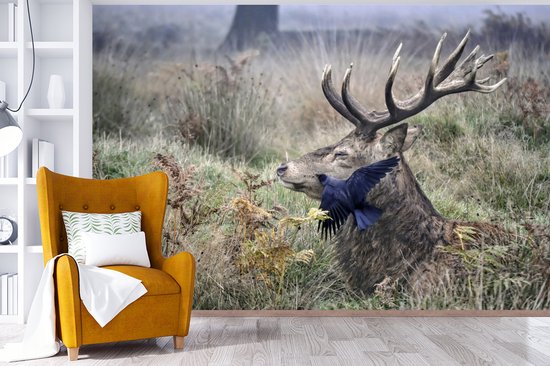Behang - Fotobehang Hert - Vogel - Bos - Breedte 420 cm x hoogte 280 cm ...