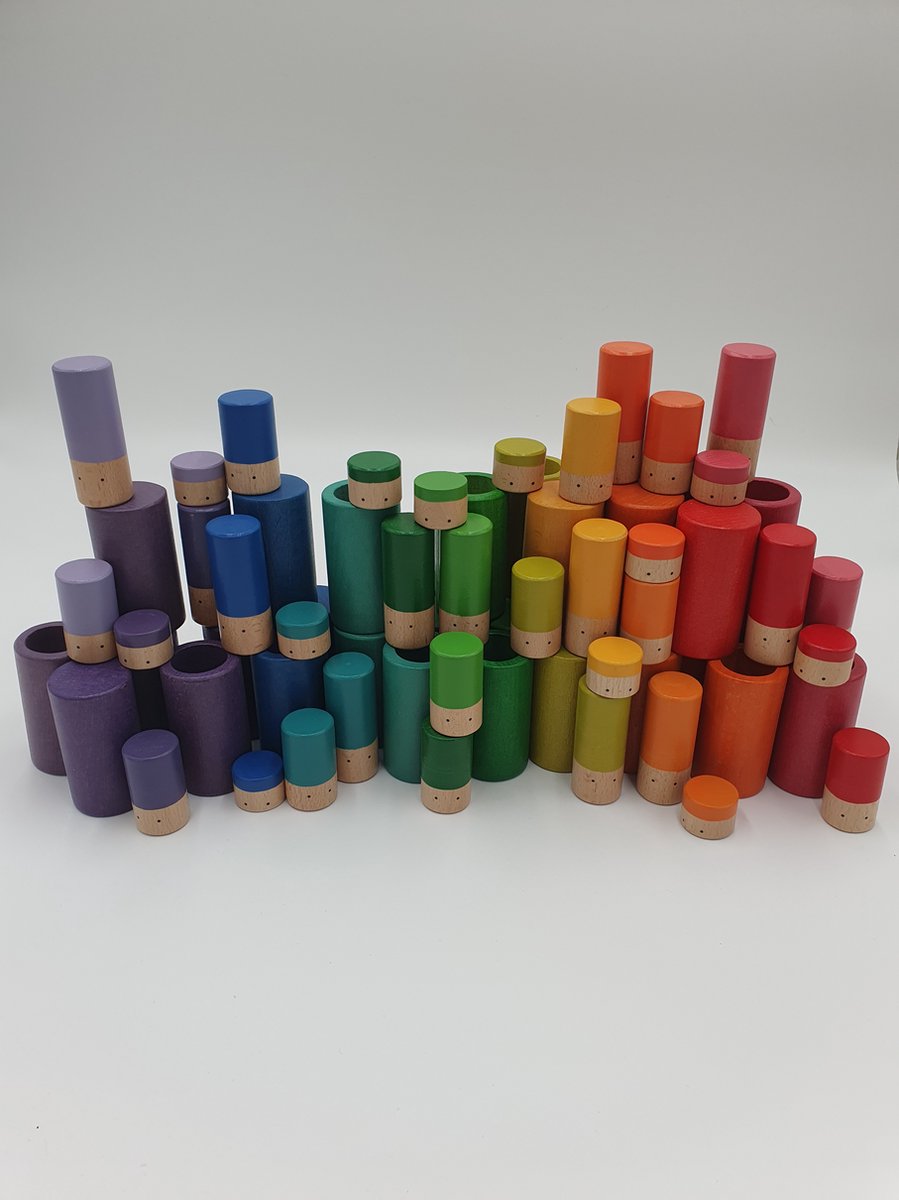 Houten poppetjes en buisjes - 72 stuks - Regenboogkleuren - Open einde ...