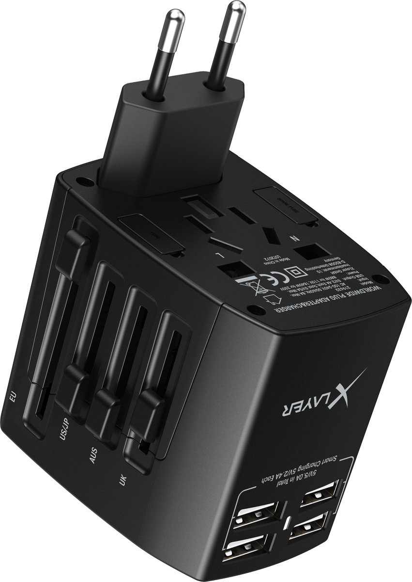 XLayer wereldstekker / reisstekker - 4 x USB - 1 x Stekker ...