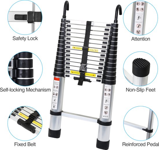 Telescopische Vouwladder met haak - Soft Close - Werkhoogte 3,8 mete ...