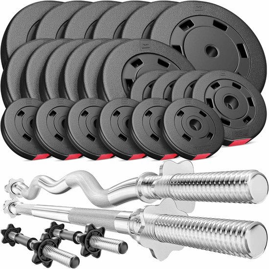 Hop-Sport Halterschijven Set van 125 kg met Halterstang en Curlstang ...