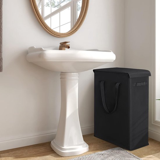 Slanke wasmand met deksel - grote opbergmand voor kleding - 60 liter - zwart - opvouwbaar | bol