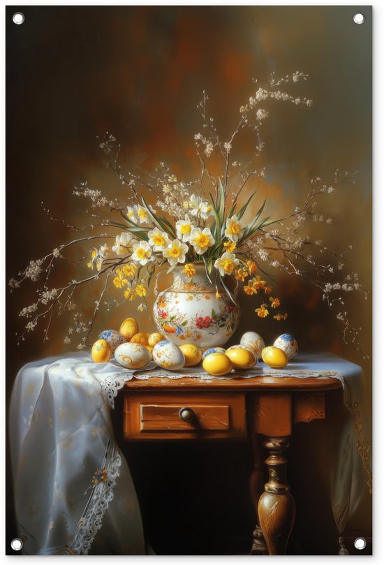 Tuinposter 60x90 cm - Tuindecoratie Paaseieren - Stilleven - Vaas ...