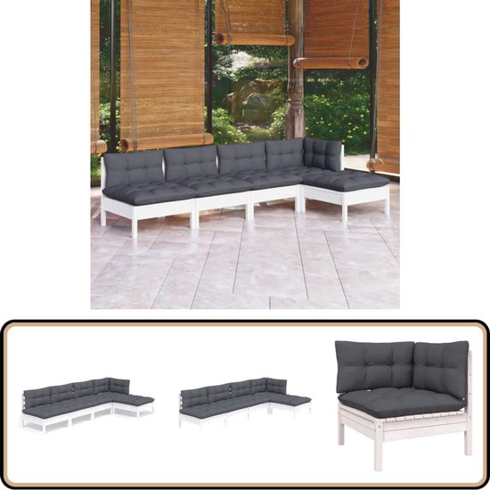 vidaXL Loungeset 5-delig - Grenenhout - Wit Loungeset - Tuinset ...