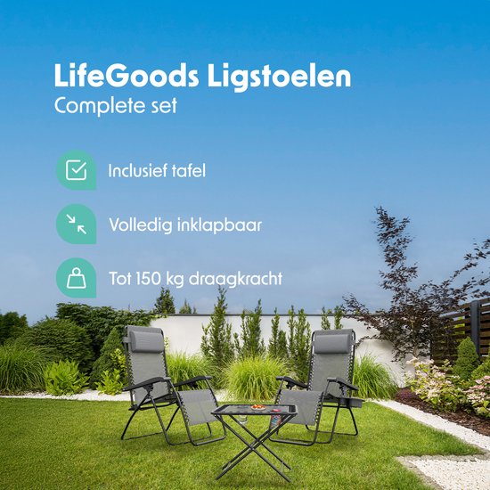 LifeGoods Ligstoelen - Opvouwbaar - Complete set - Met Bijzettafel - 30 ...