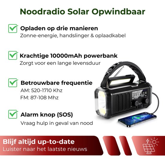 Noodradio Solar Opwindbaar - 10.000mAh - Solar Powerbank 20.000mAh ...