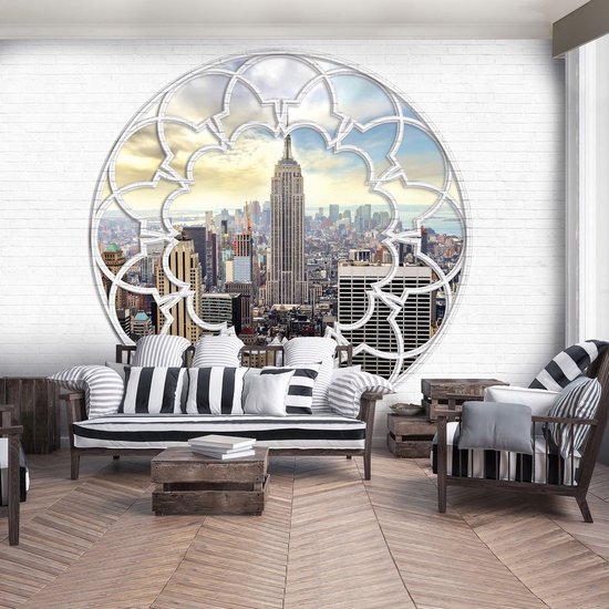 Fotobehang - Vlies Behang - 3D New York Stad door Rond Raam - 312 x 219 ...