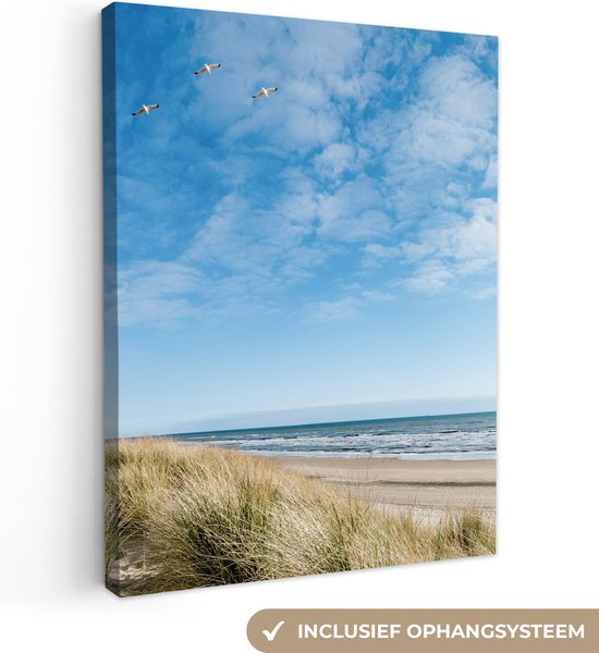 Canvas Schilderij Strand - Zee - Vogels - Zomer - Planten - 60x80 cm - Wanddecoratie | bol
