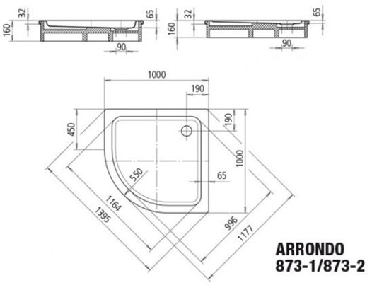 Kwartronde douchebak Arrondo 873-1, 1000x1000 mm, Perl-Effect, zonder ...