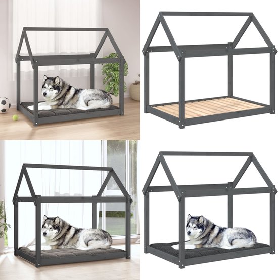vidaXL Hondenmand 111x80x100 cm massief grenenhout grijs - Hondenmand ...