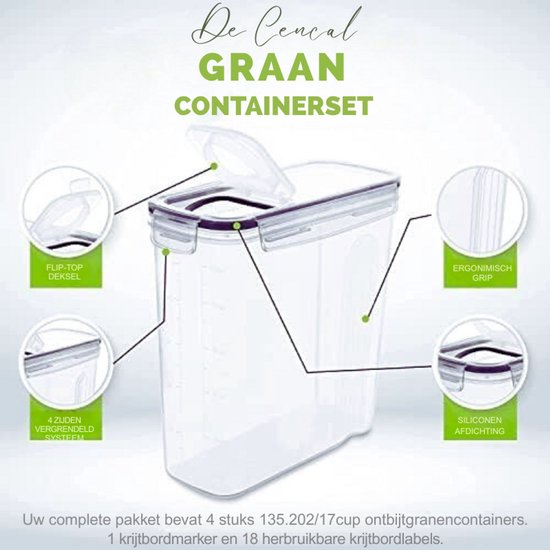Set Van 4 Luchtdichte Graancontainers – BPA-vrije Opslag Voor Droge ...