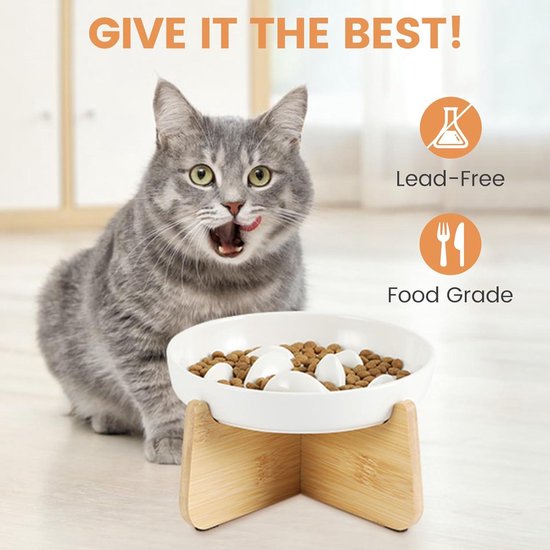 Slow Feeder Ceramic Cat Litter Box with Bamboo Stand | bol