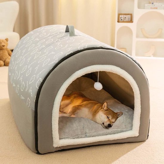 2-in-1 groot hondenbed met anti-angst kussen en opvouwbaar hondenhuis ...