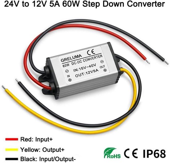Stap Down Converter 24V naar 12V - 5A 60W voor Auto, Vrachtwagen, Boot - DC 15-40V... | bol
