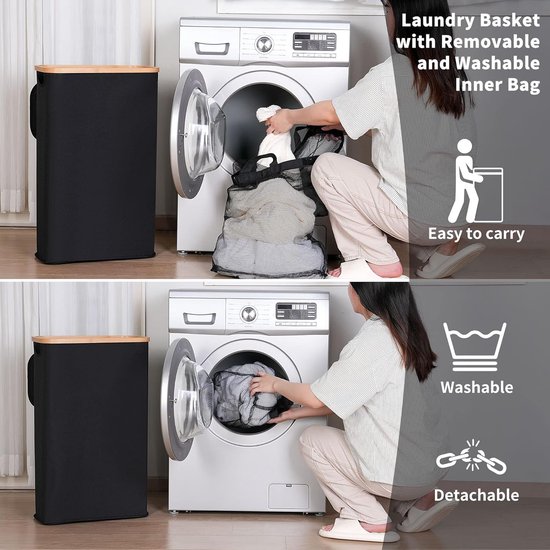 Slanke wasmand met deksel - 60 liter - zwart | bol