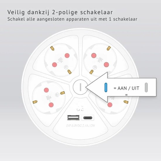 6-Voudige Design Stekkerdoos met 1,5m Kabel en Schakelaar – 4 x ...