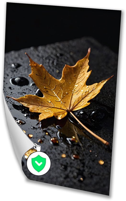 Gouden blad op natte steen - Herfstblad posters - Poster blad ...