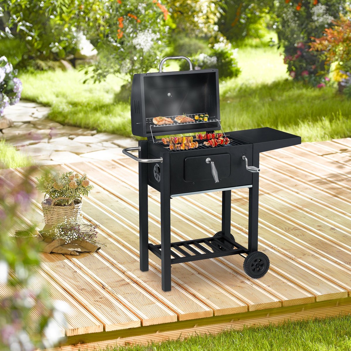 Relaxdays houtskool BBQ met deksel - smoker met zijtafel - barbecue op ...