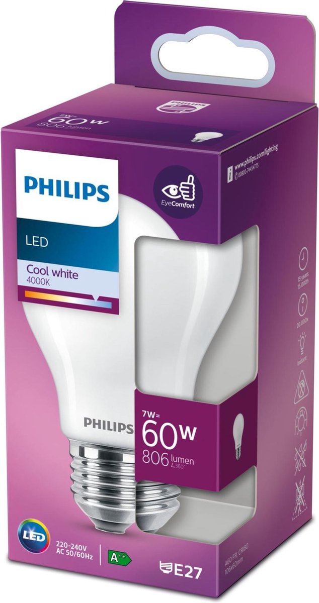 Philips LED Lamp Mat - 60 W - E27 - koelwit licht | bol