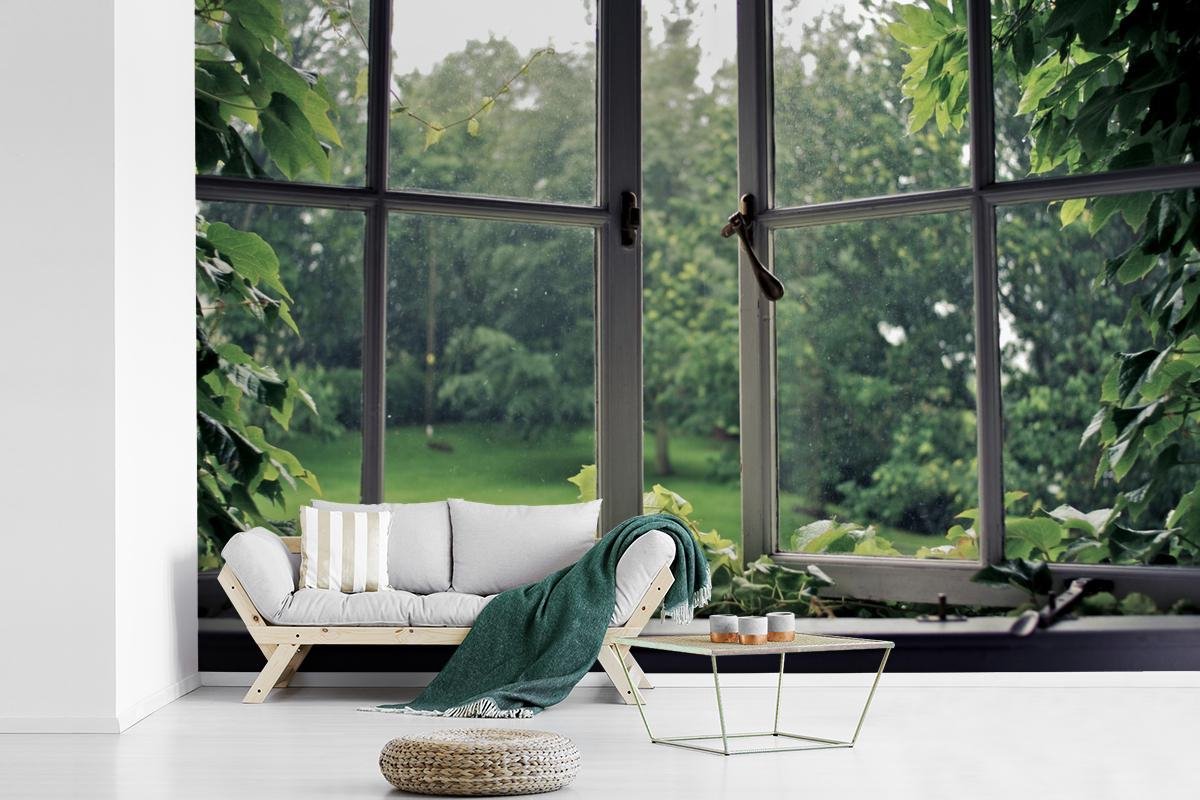 Fotobehang Uit Raam - Overwoekerd oud raam breedte 390 cm x hoogte 260 ...