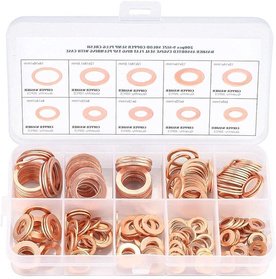 Premium - 200 stuks Koperen platte Sluitringen Assortiment voor ...