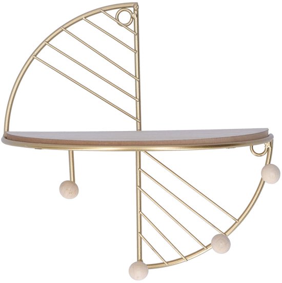 Gouden wandhaak met display rek van smeedijzer en hout, voorzien van 4 ...