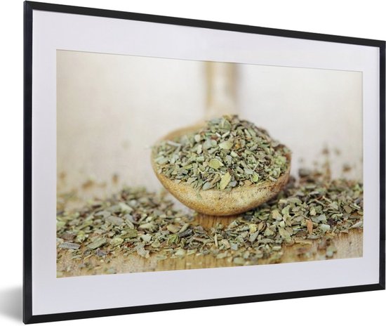 Fotolijst incl. Poster - Gedroogde oregano in een houten kom - 60x40 cm ...