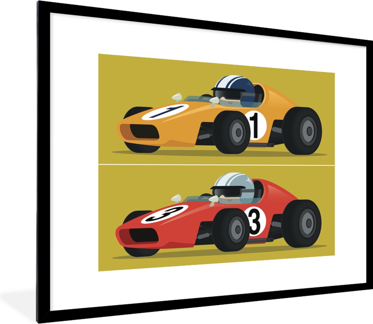 Fotolijst incl. Poster - tekening van een gele en rode race auto ...