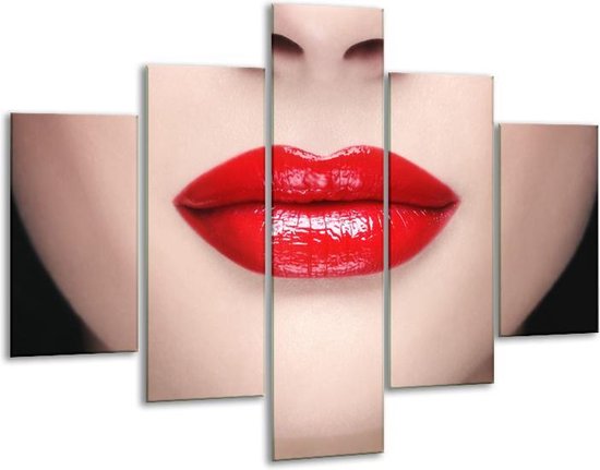 Glasschilderij - Vrouw, Lippen - Rood, Crème - 100x70cm 5Luik - Geen ...