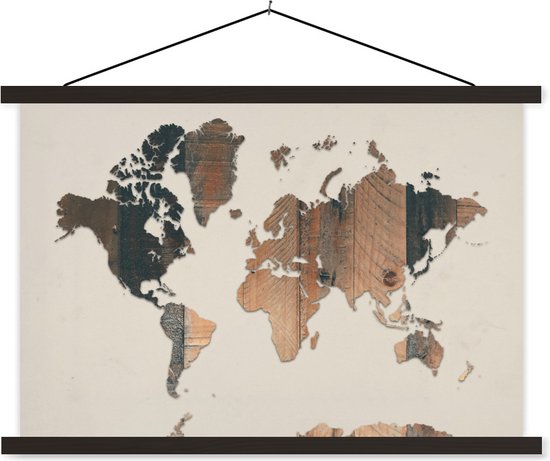 Schoolplaat - Textielposter - Wereldkaart - Houten - Beige - 90x60 cm - Textiel poster | bol.com