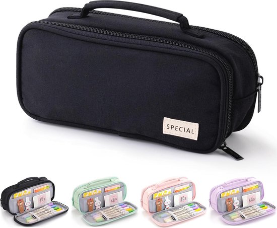 Etui met 3 vakken en draaggreep - Ruime etui voor school, kantoor en ...