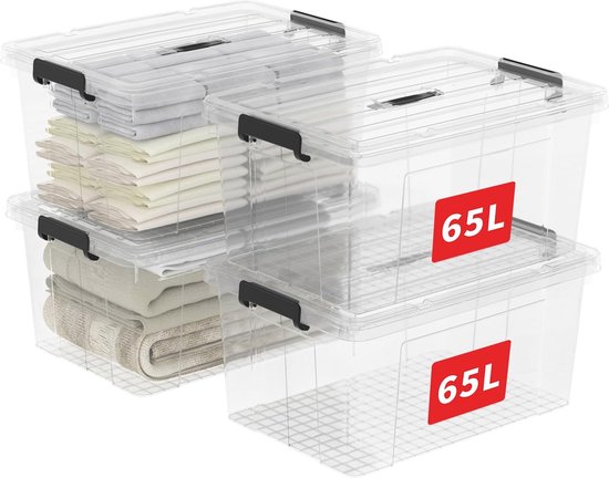 Plastic opbergdozen 65L - Stapelbare en nestbare opbergcontainers met ...