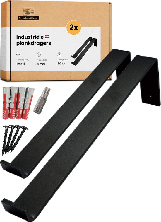 GoudmetHout Industriële Plankdragers L-vorm 40 cm - Staal - Mat Zwart ...