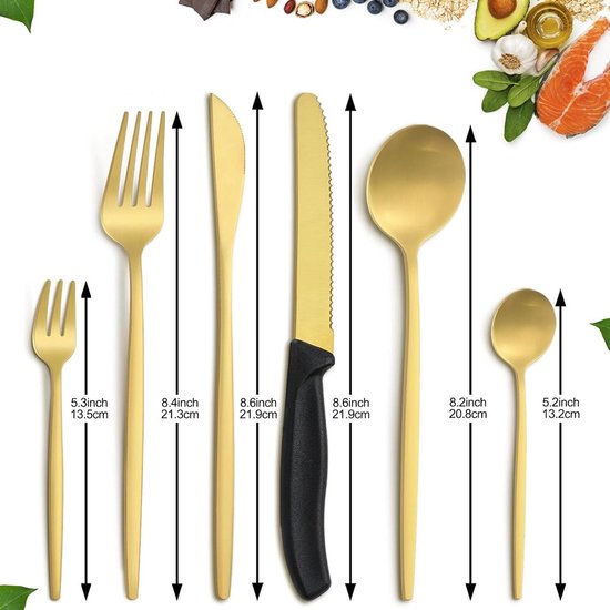 36-delige gouden bestekset met steakmes, bestekset voor 6 personen met ...
