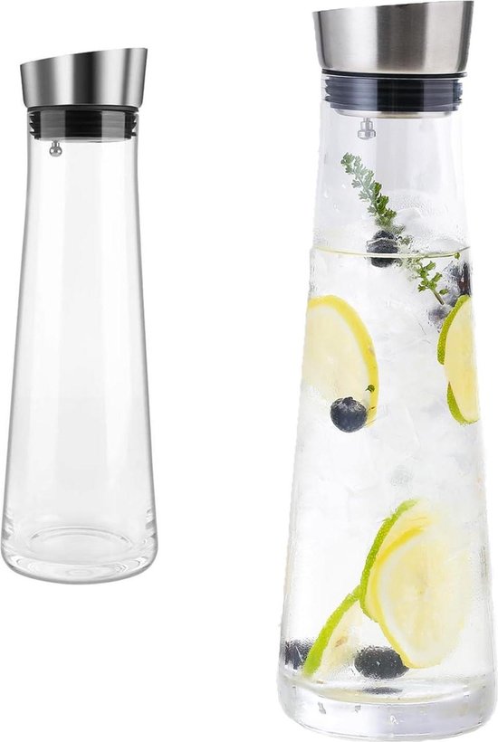 2 stuks waterkaraf 1 liter met deksel - glazen karaf roestvrij staal - sapdranken... | bol