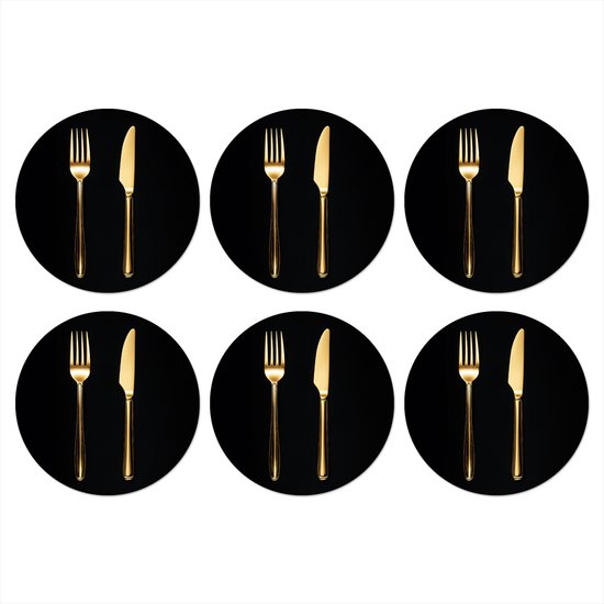 Onderzetters voor glazen - Rond - Bestek - Goud - Mes - Vork - 10x10 cm ...