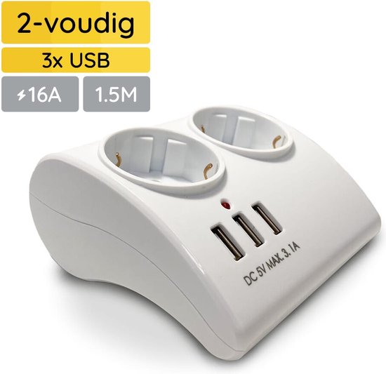 Technik Stekkerdoos met USB 1.5 Meter - 2-Voudig en 3x USB ...