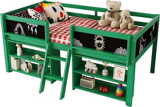 Merax Half Hoogslaper 90x200 cm – Groen – Kinderbed met Opbergvakken en ...