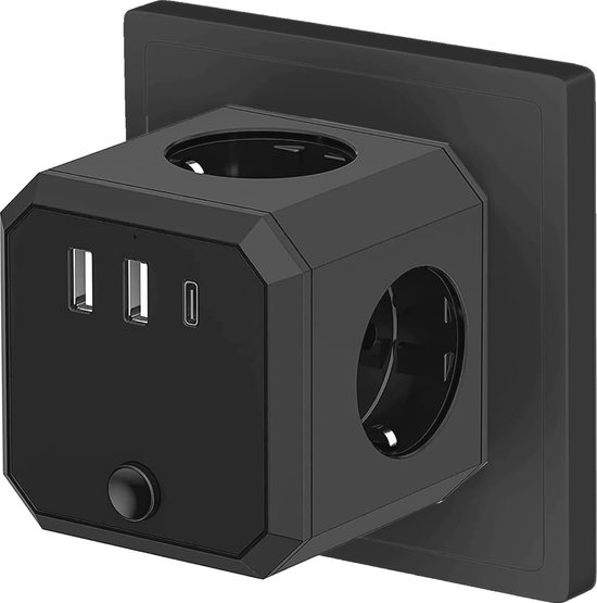 7-in-1 USB Stopcontact met Schakelaar - 4 AC, 1 Type C en 2 USB-poorten ...