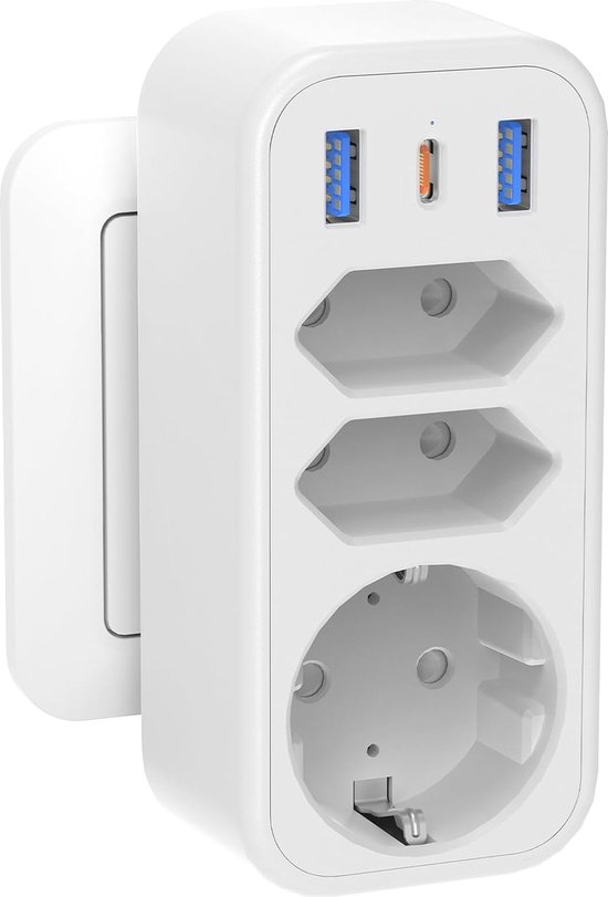 6-in-1 Multi-Socket Adapter met USB-C en USB-A Poorten - Perfect voor ...